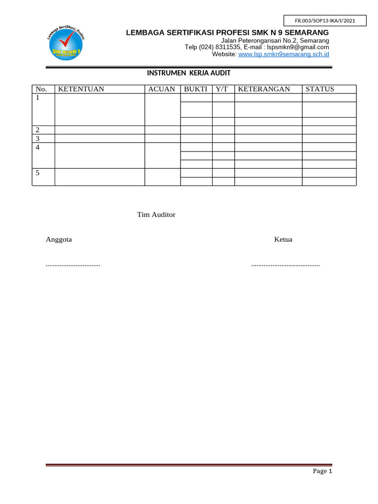 Instrumen Kerja Audit 2020 | PDF