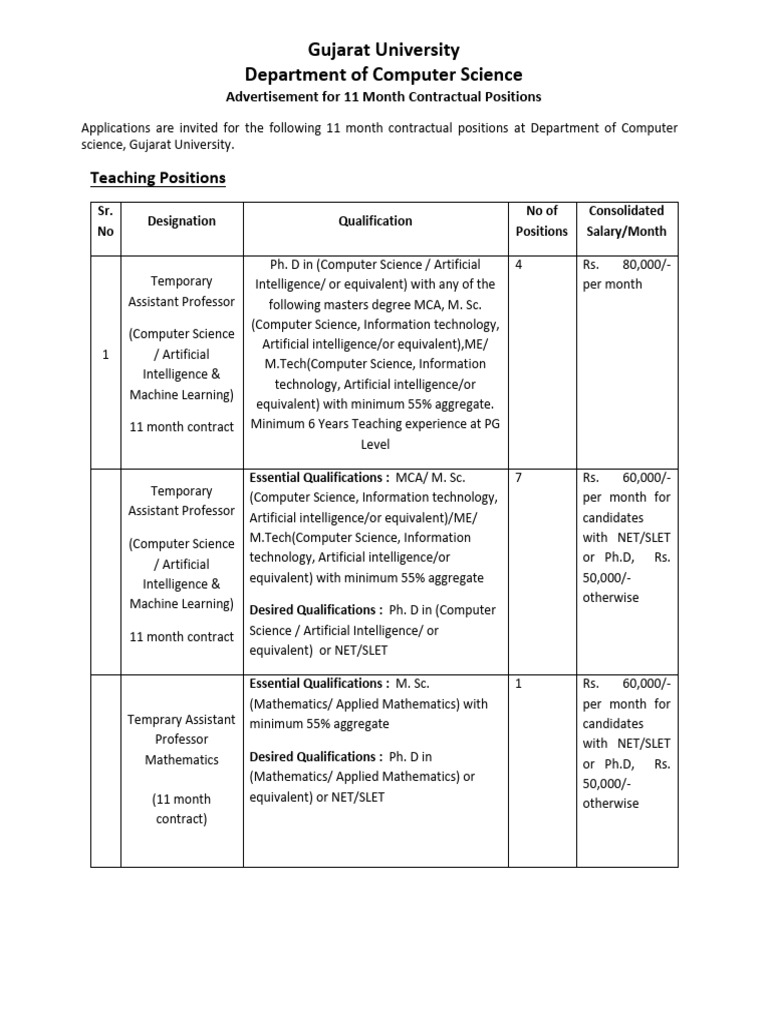 Advertisement - 11 Months - Contractual Positions 2025-26 | PDF ...