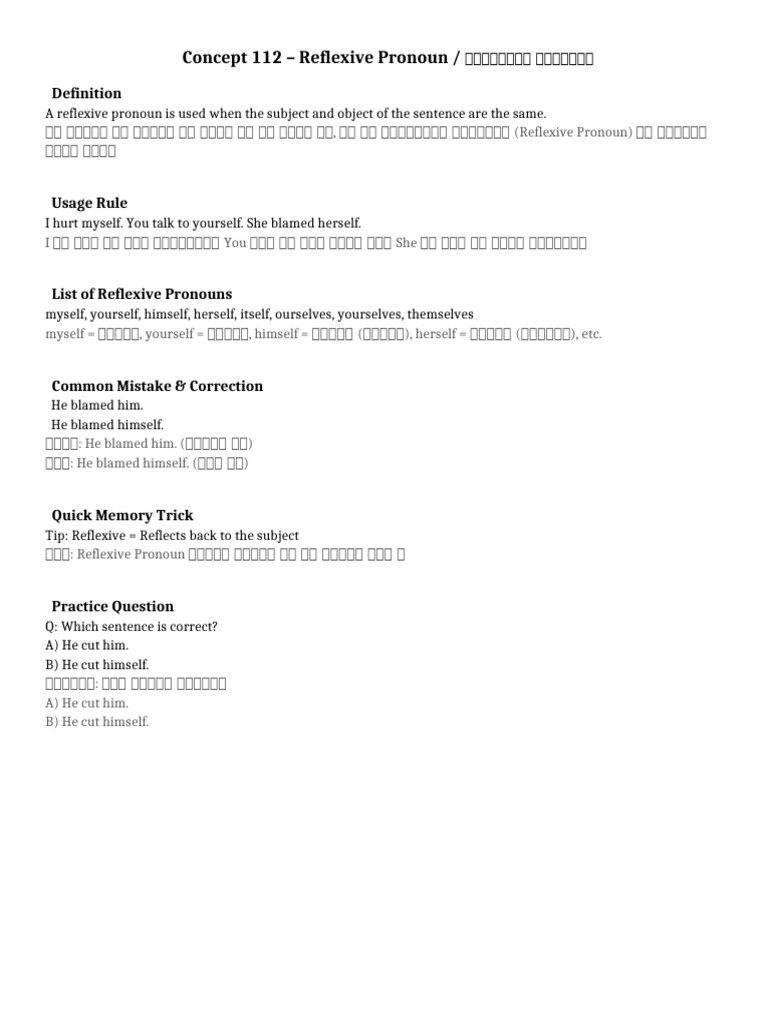 Reflexive Pronoun Concept Card | PDF