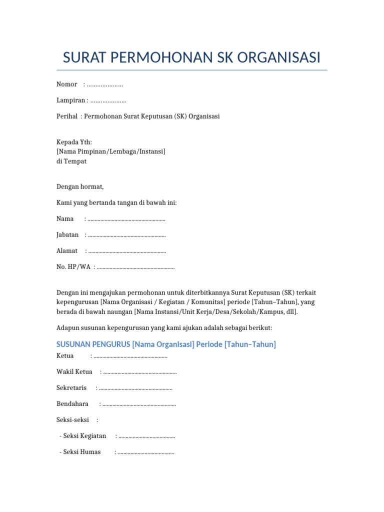Permohonan SK Organisasi | PDF