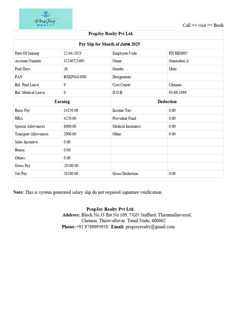 June 2025 Salary Slip - Gunasekar A. | PDF