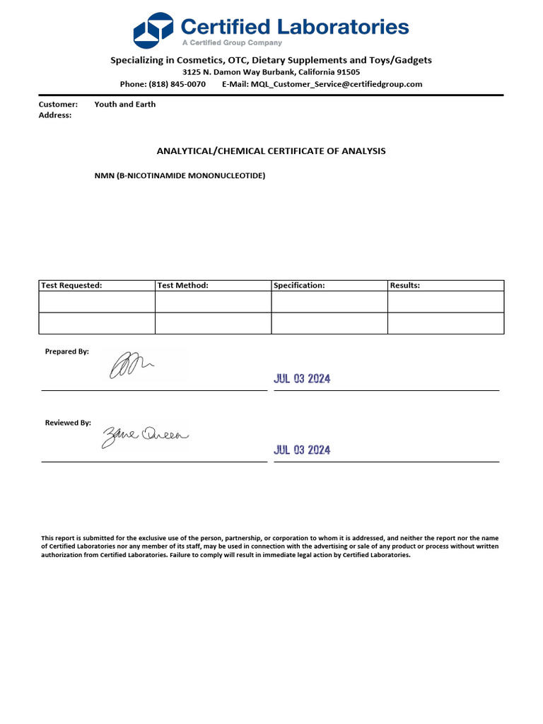 Youth & Earth NMN Certificate of Analysis | PDF