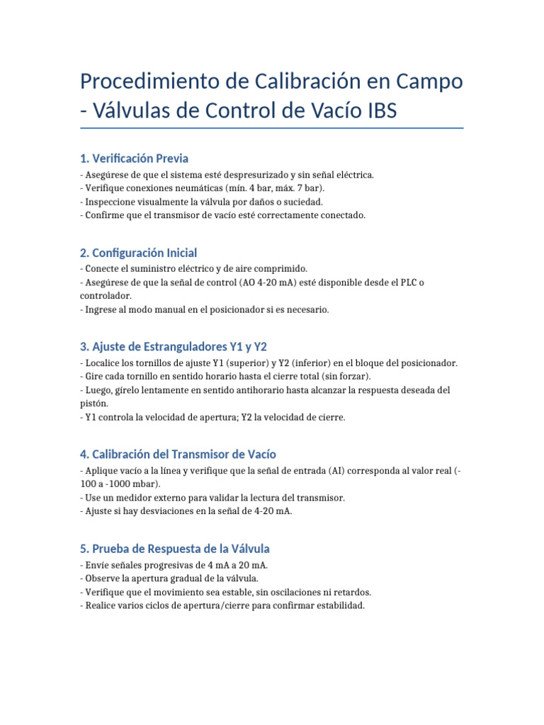 Calibracion Campo Valvulas IBS Con Diagrama | PDF
