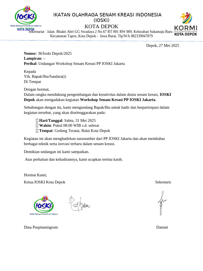 Surat Undangan Workshop Senam Kreasi PP IOSKI Jakarta | PDF