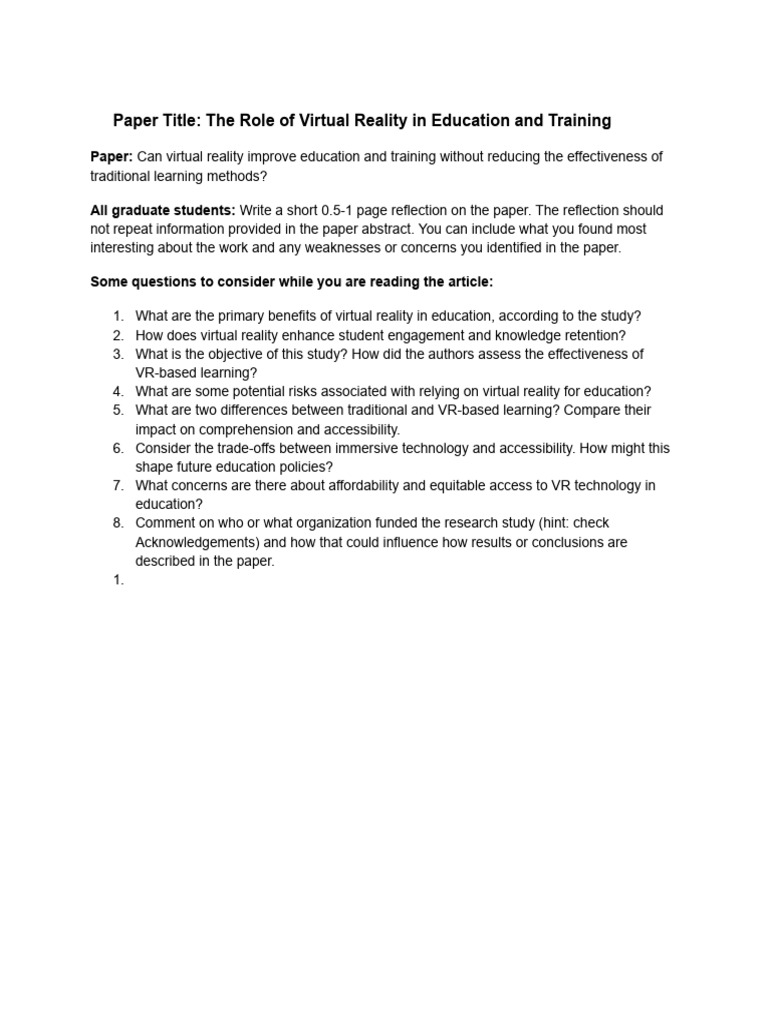 Paper Title - The Role of Virtual Reality in Education and Training | PDF