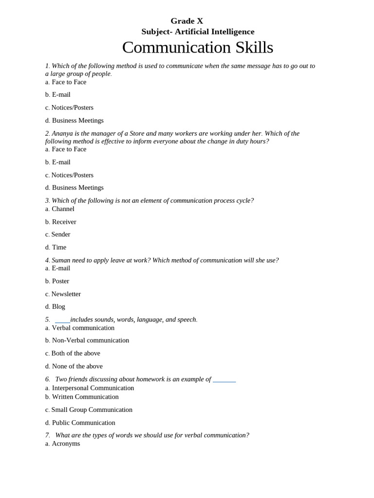 Communication Skills Class 10 Worksheet | PDF | Communication ...