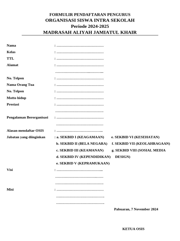 Formulir Pendaftaran Pengurus Osis | PDF