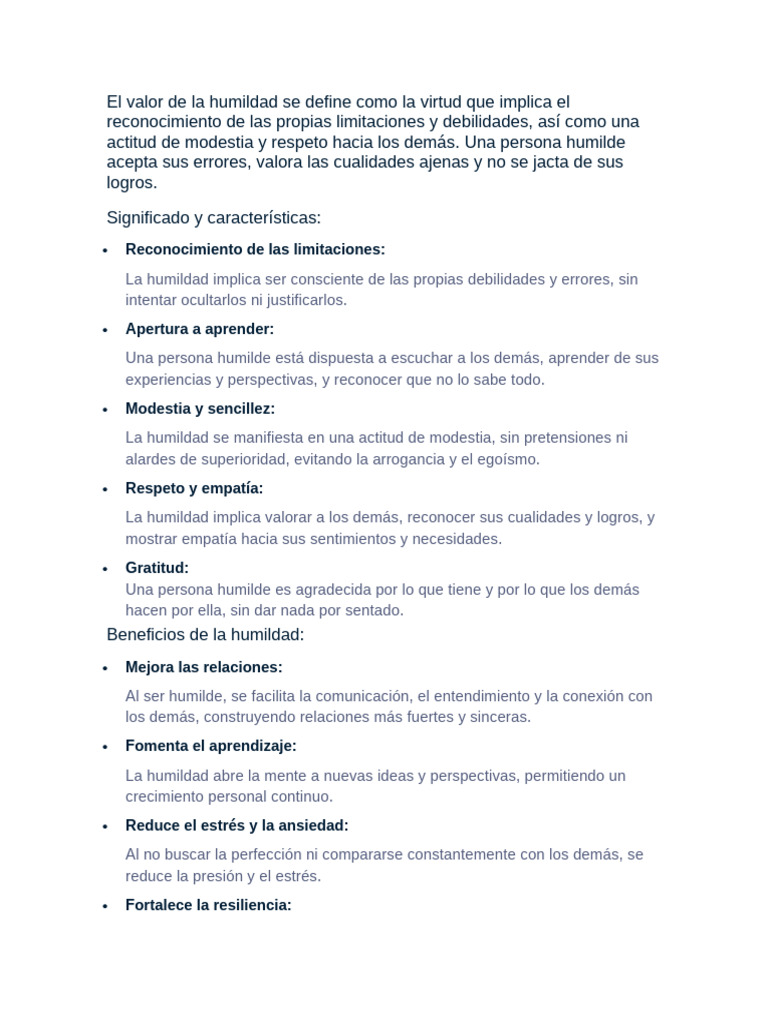 El Valor de La Humildad Se Define Como La | PDF | Empatía | Desarrollo ...