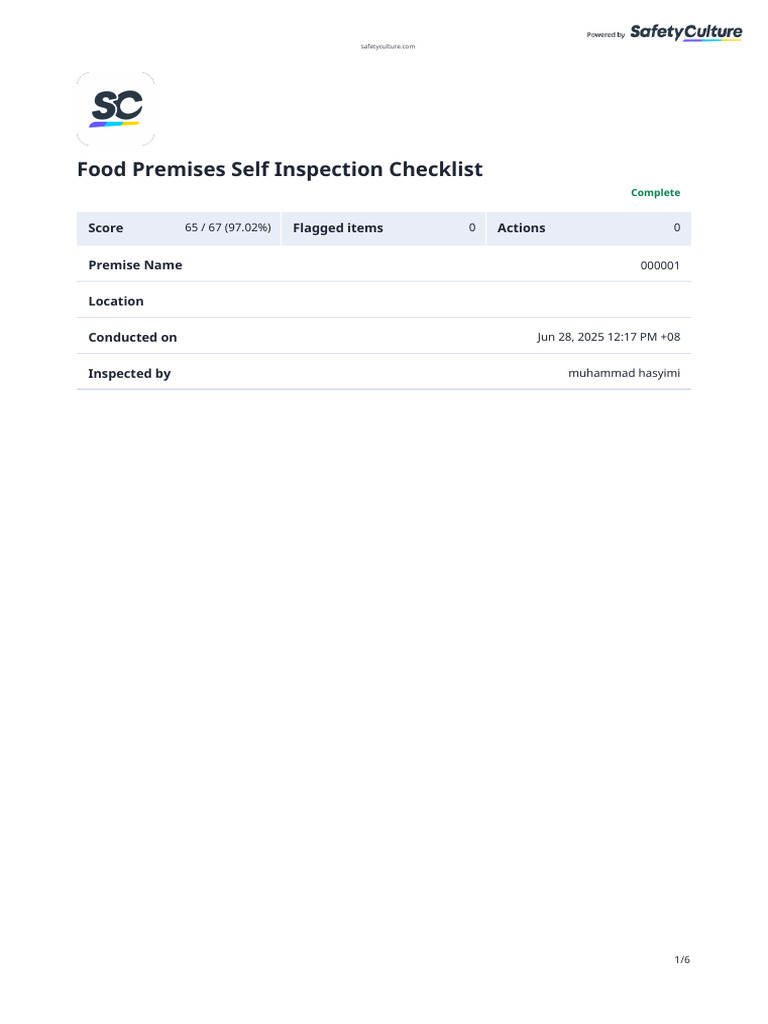 Food Premises Self Inspection Checklist | PDF | Dishwasher | Refrigerator