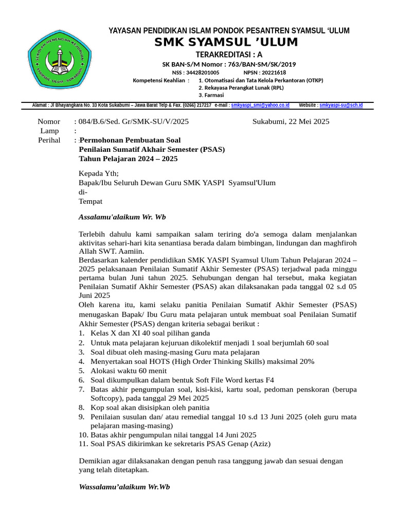 Surat Pemberitahuan Pembuatan Soal PSAJ | PDF
