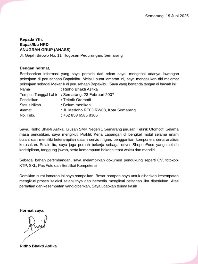 Surat Lamaran (MEKANIK) RIDHO BHAKTI ASFIKA | PDF