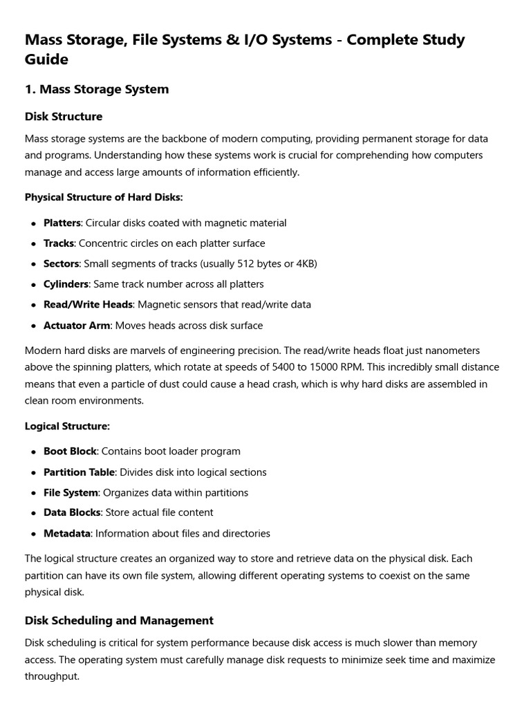 Mass Storage, File Systems & I - O Systems - Complete Study Guide | PDF ...