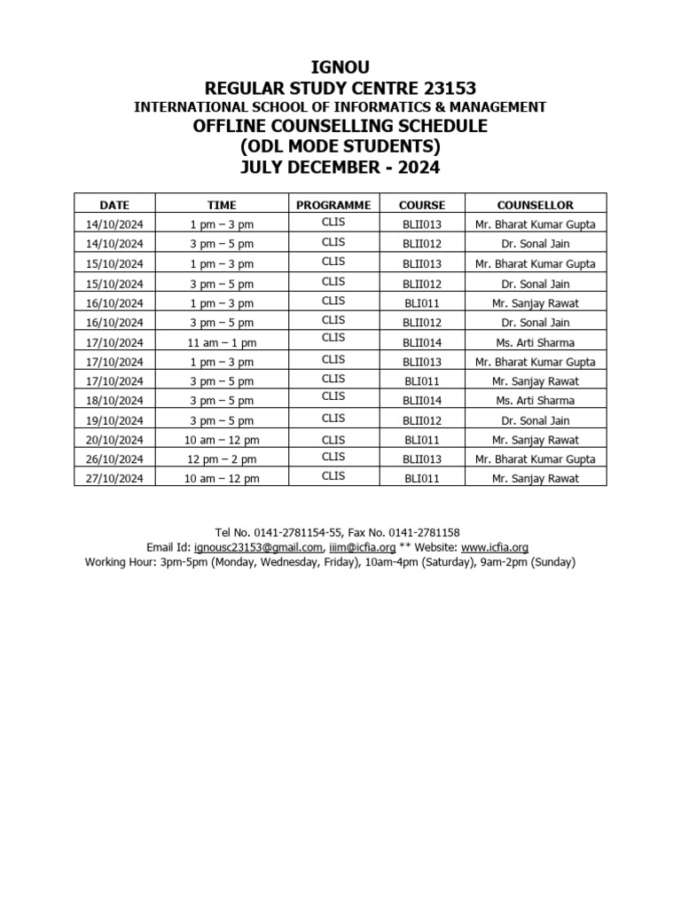 IGNOU Study Centre 23153 Schedule | PDF