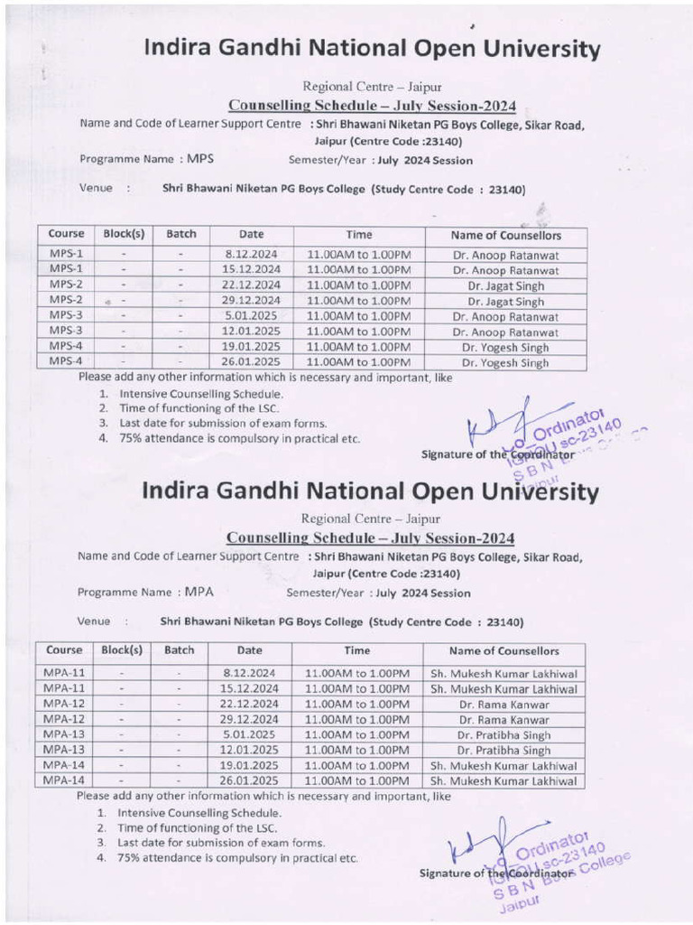 Counseling Schedule for July 2024 Session | PDF