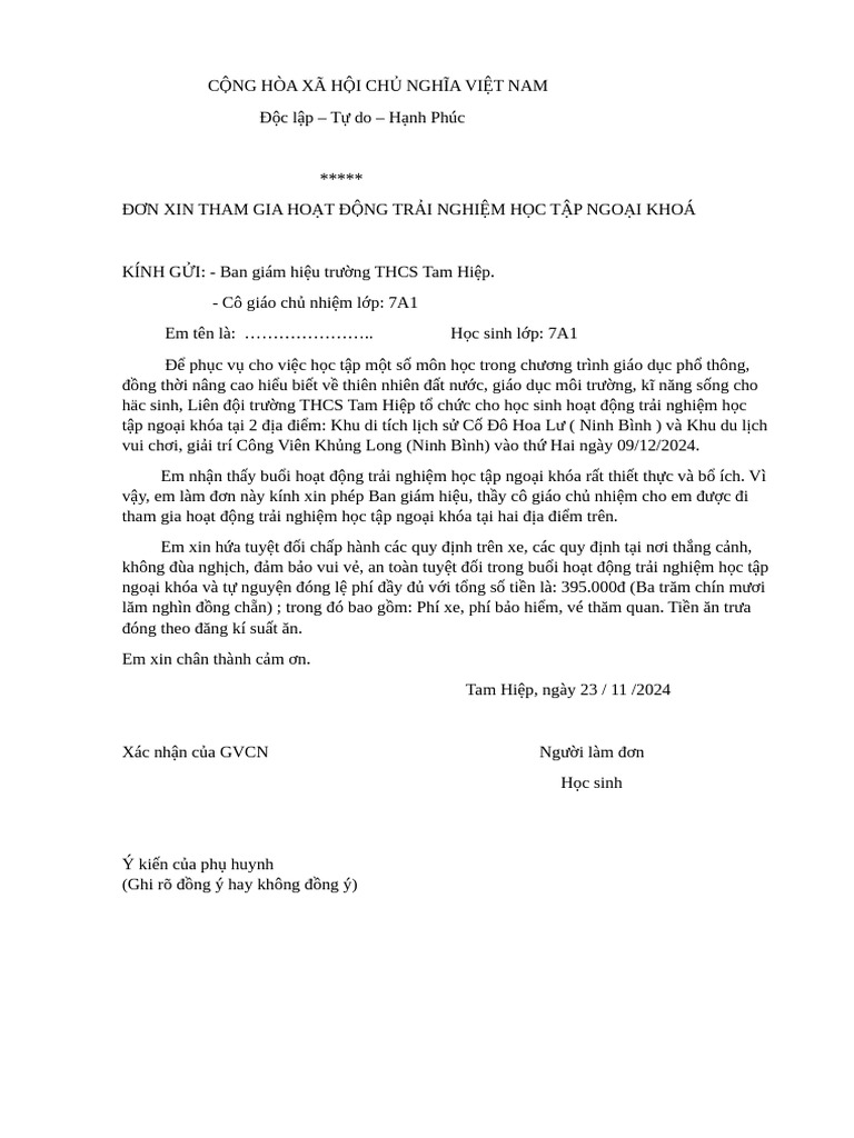 Đơn Tham Quan L P 7a1 | PDF