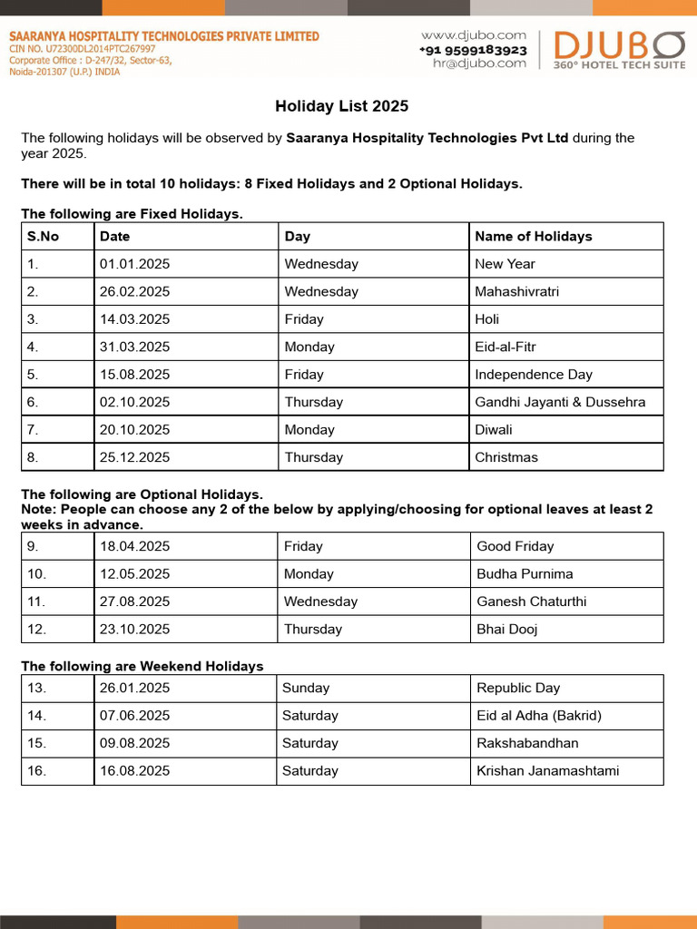 2025 Holiday Schedule for Employees | PDF