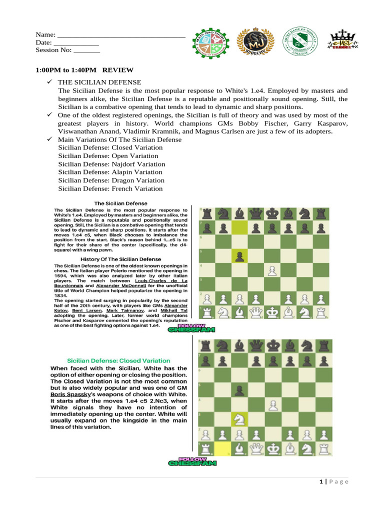 Day 3 Mjca Training Sicilian Other Variations | PDF | Chess | Chess ...
