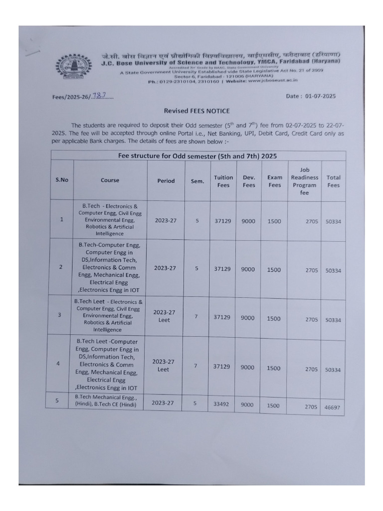 Revised Fee Notice For Odd Semester 2025 | PDF