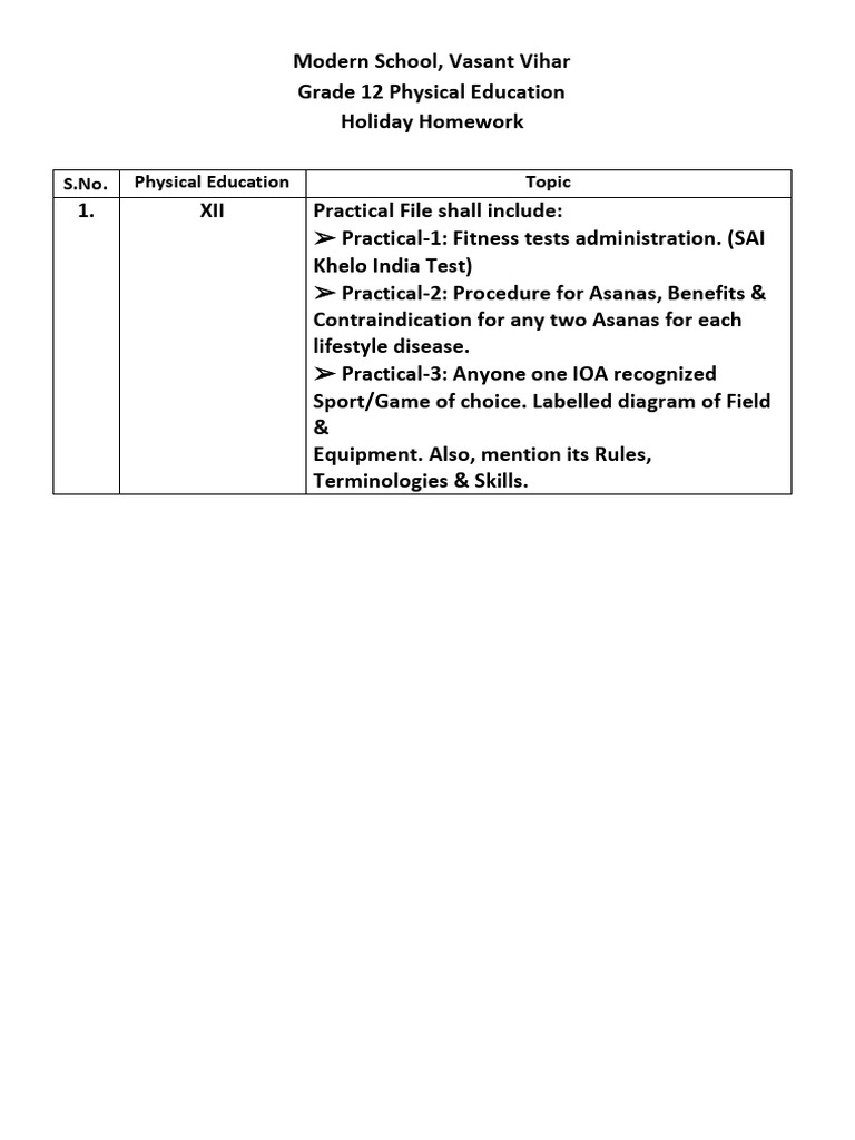 Physical Education Holiday Homework - XII | PDF