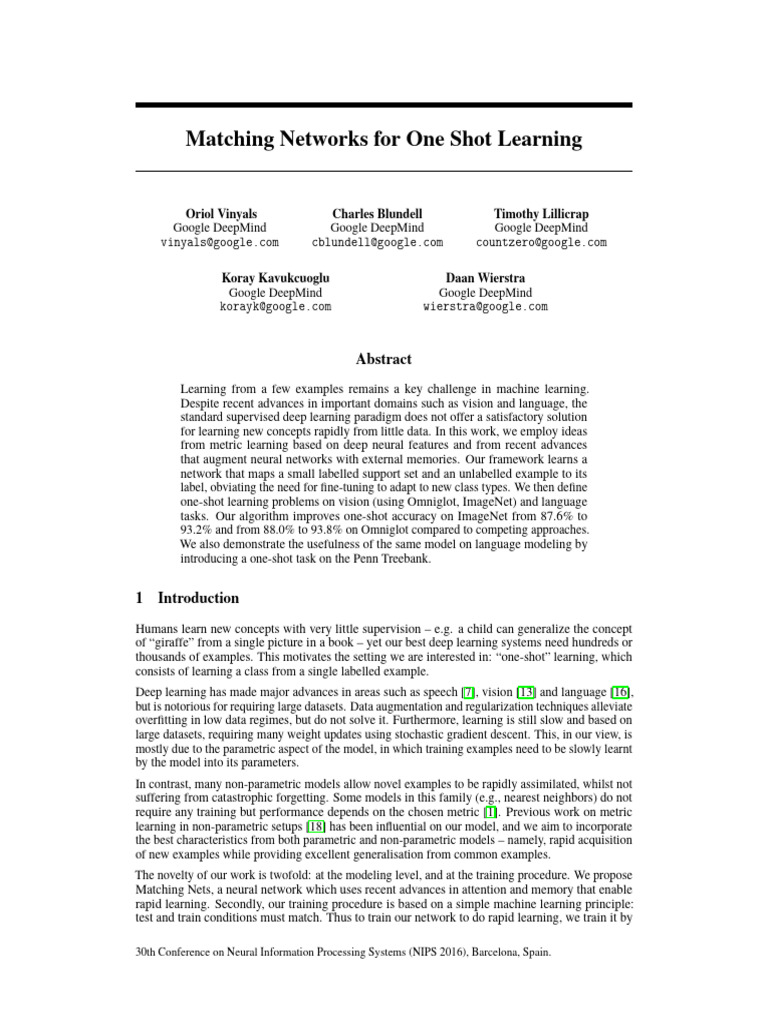 NIPS 2016 Matching Networks For One Shot Learning Paper | PDF | Deep Learning | Machine Learning