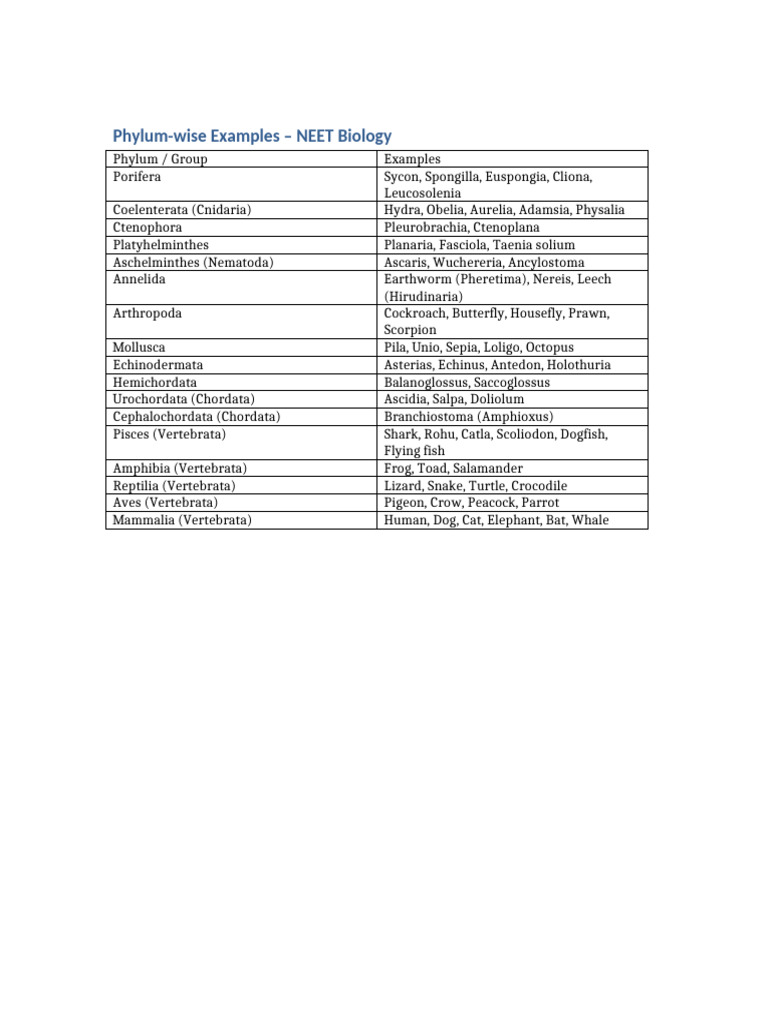 NEET Biology Phylum Examples List | PDF