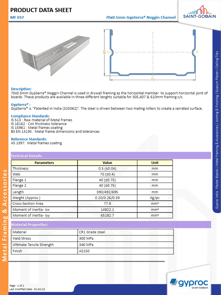 GypSerra® Noggin Channel Specifications | PDF | Drywall | Materials