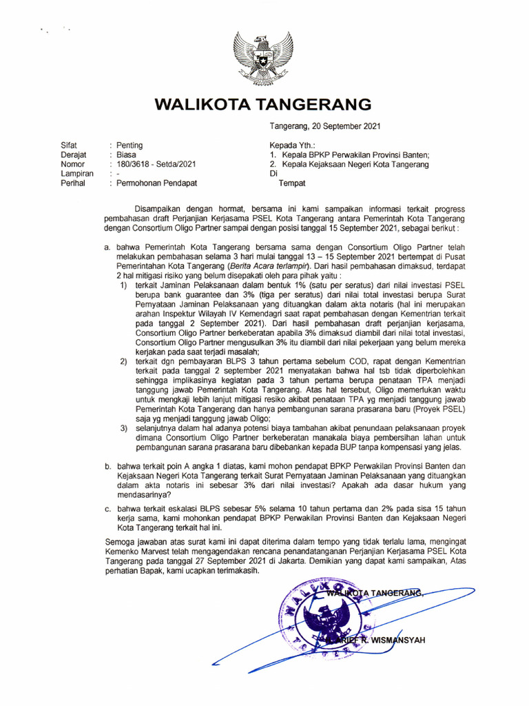 Surat Walikota Ke BPKP Dan Kejaksaan 20.09.2021 | PDF