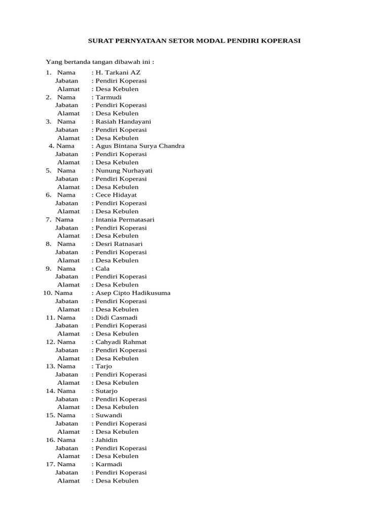Lampiran 5 (Surat Pernyataan Setor Modal Pendiri Koperasi Dan Rekapitulasi Modal) | PDF