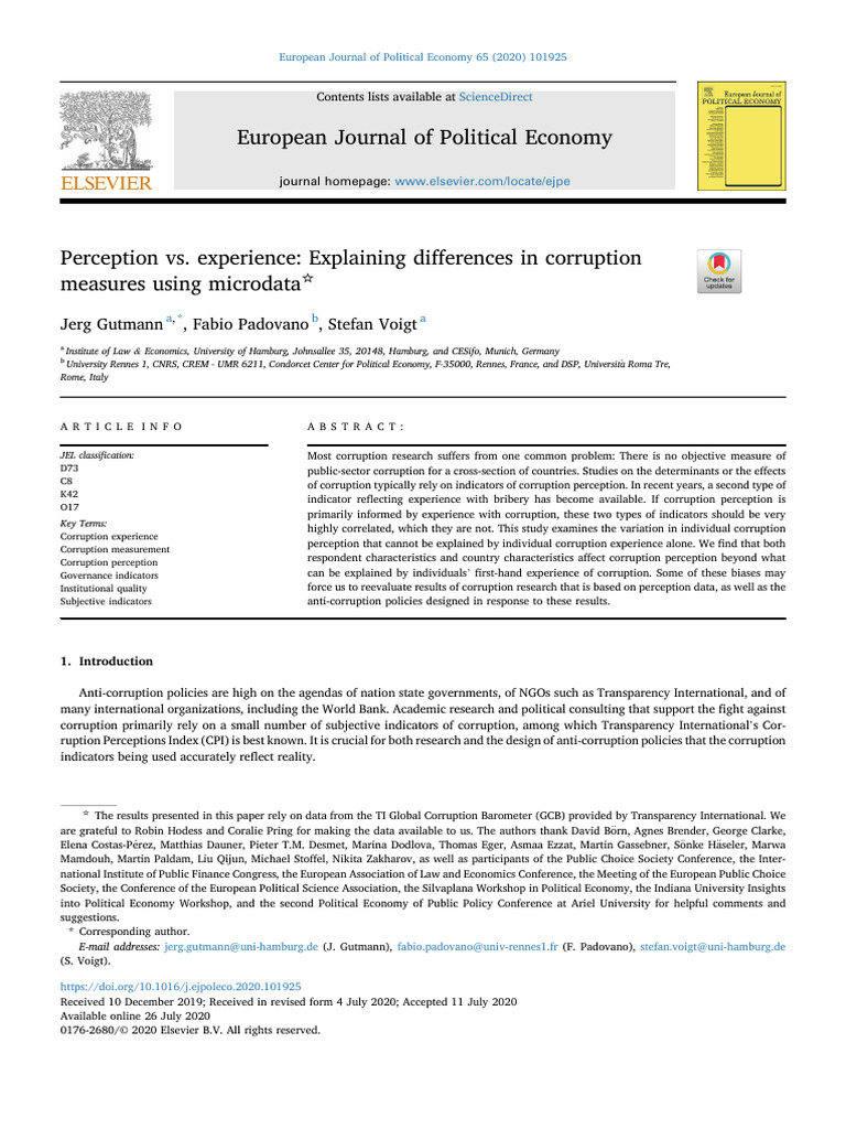 Perception vs. Experience - Explaining Differences in Corruption Measures Using Microdata | PDF ...