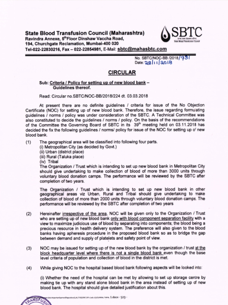 Criteria or Policy For Setting Up of New Blood Bank | PDF