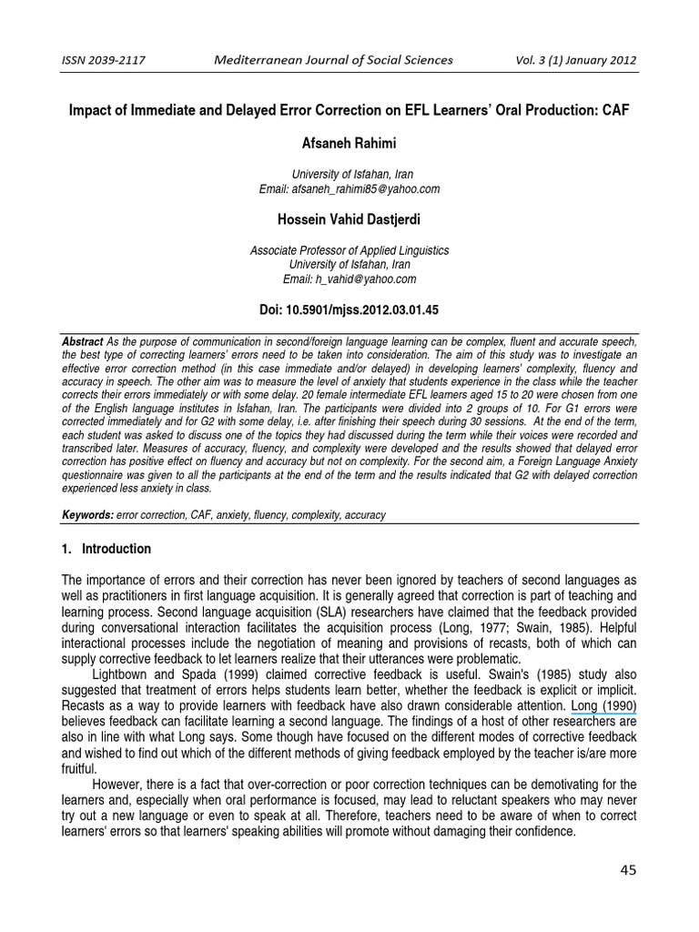 Delayed vs. Immediate Error Correction | PDF | Fluency | Second ...