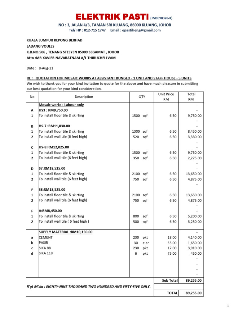 Staff Tiles Reno Detail Quotation | PDF | Architectural Elements