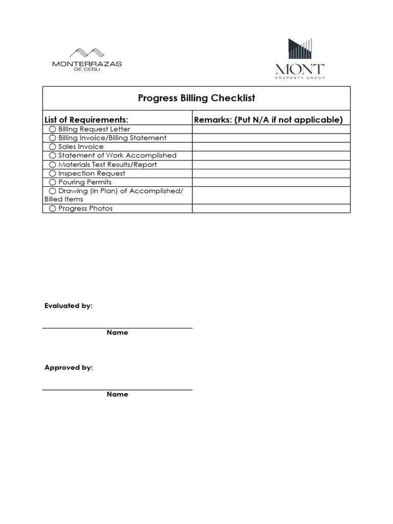 Progress Billing Checklist - XLSX - Google Sheets | PDF