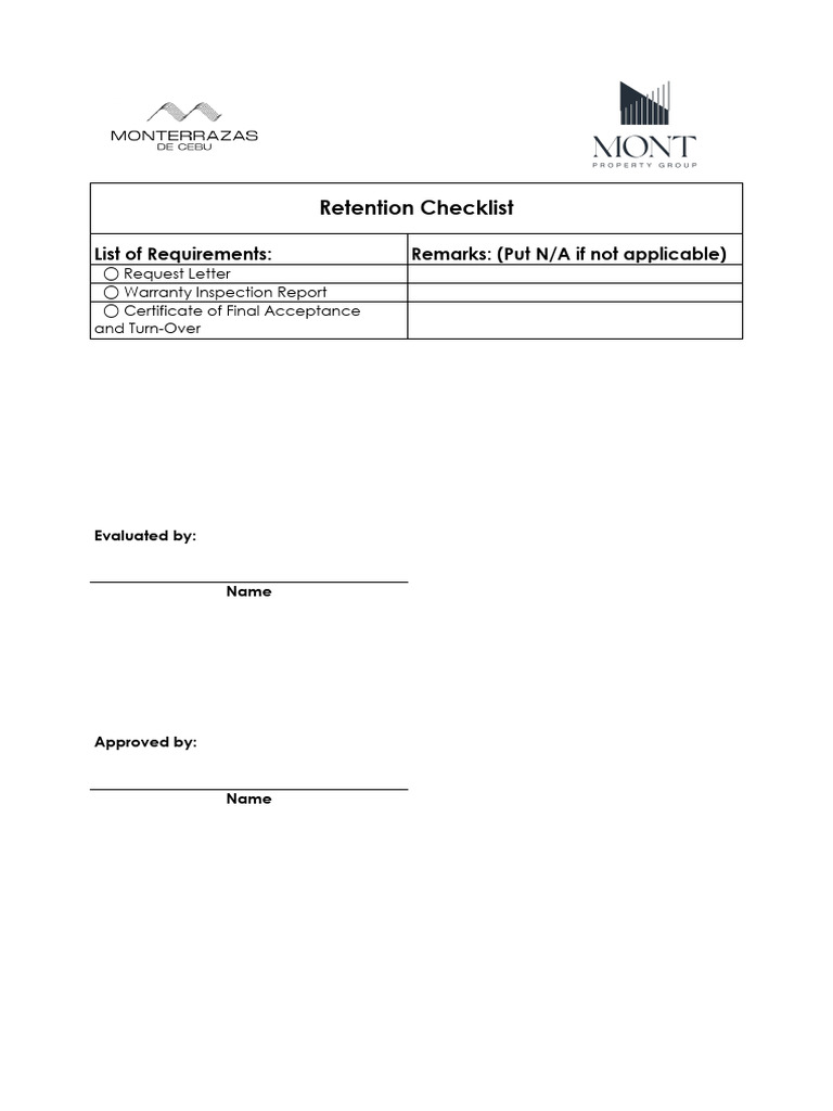 Retention Checklist - XLSX - Google Sheets | PDF