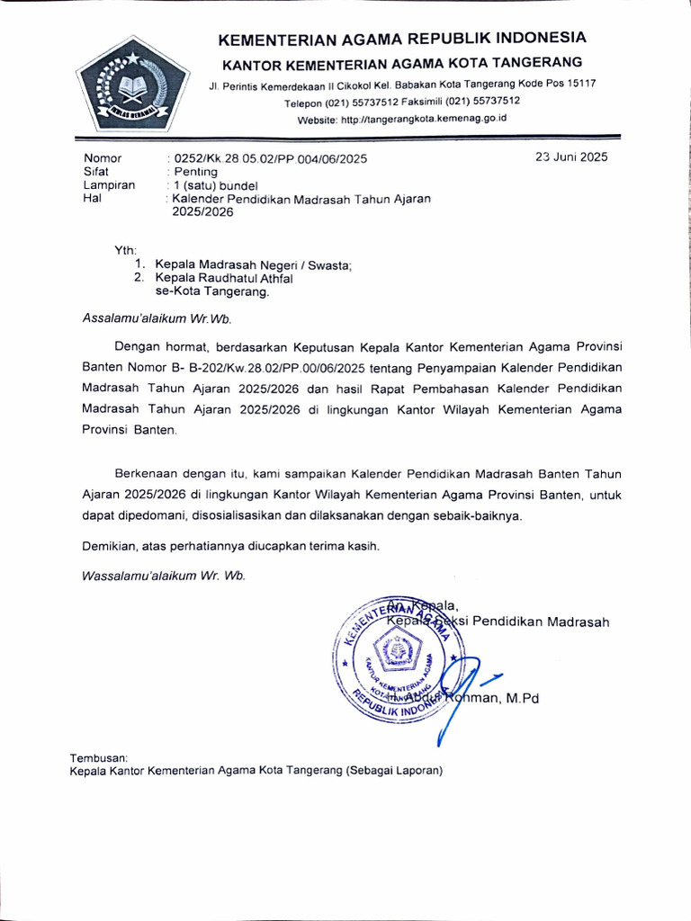 Surat Edaran Kalender Pendidikan Madrasah Tahun 2025 | PDF