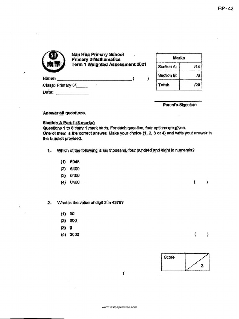 P3 Maths 2021 CA1 Nanhua | PDF