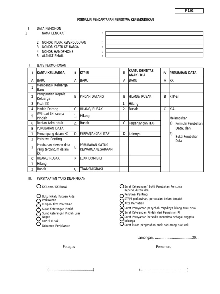 Formulir Pendaftaran Kependudukan F1.02 | PDF
