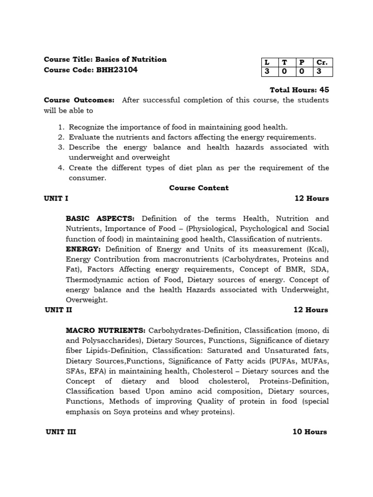 Basics of Nutrition Course Syllabus | PDF | Food Energy | Nutrients