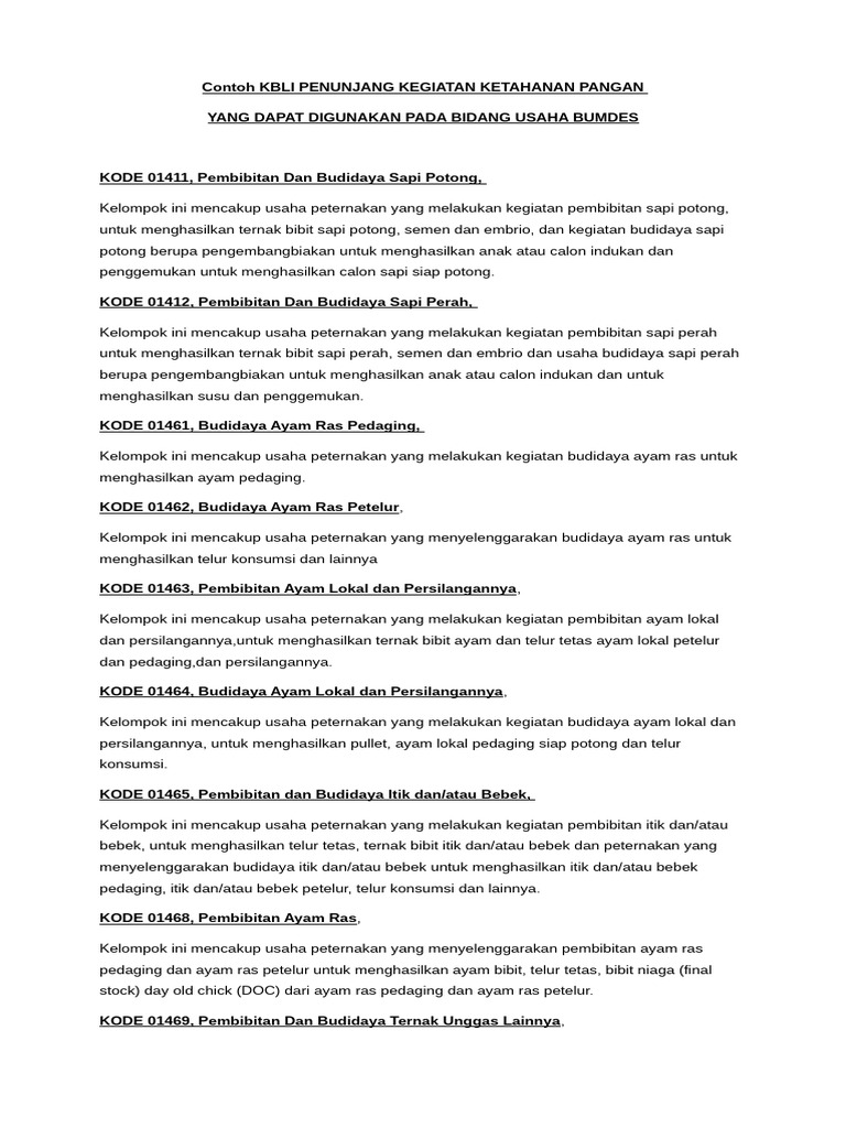 Contoh Kode Kbli Penunjang Ketahanan Pangan Dan Bidang Usaha Bumdes Lainnya | PDF