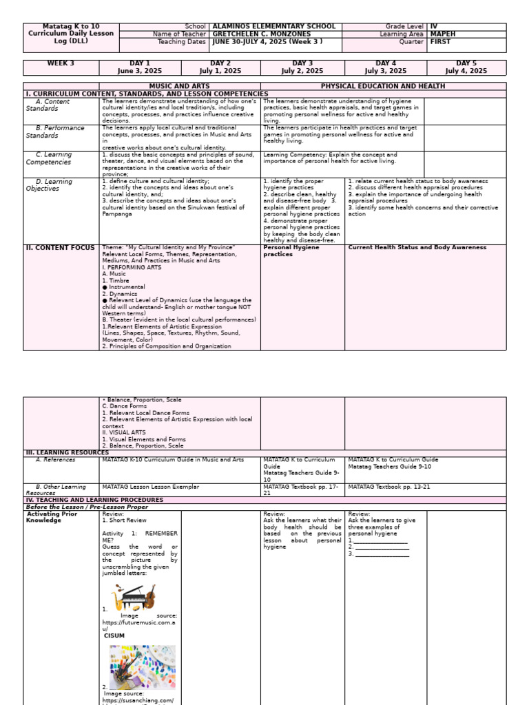 MAPEH 4 Q1-W3 Matatag Curriclum DLL 2025-2026 | PDF | Curriculum | Body Mass Index