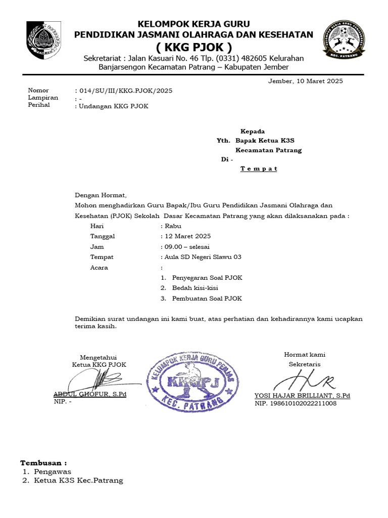 Surat Undangan KKG PJOK Maret-3 | PDF