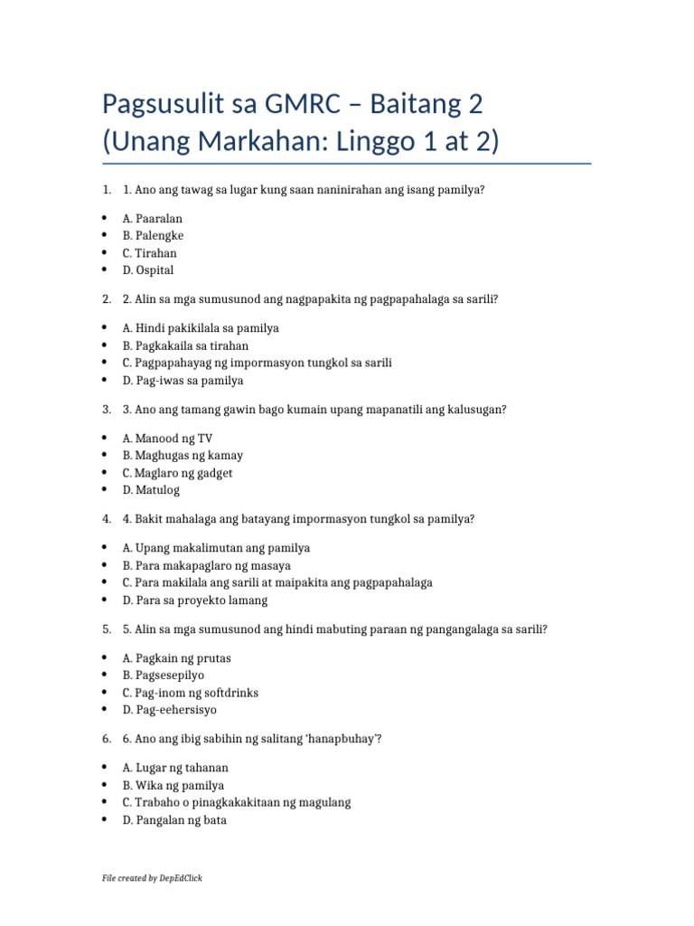 GMRC Quiz Grade2 Q1 W1 W2 | PDF