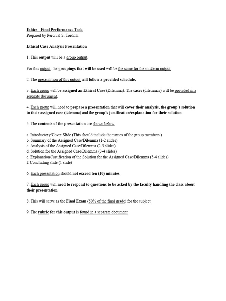 Ethics - Final Performance Task and Rubric | PDF | Chess Theory | Chess