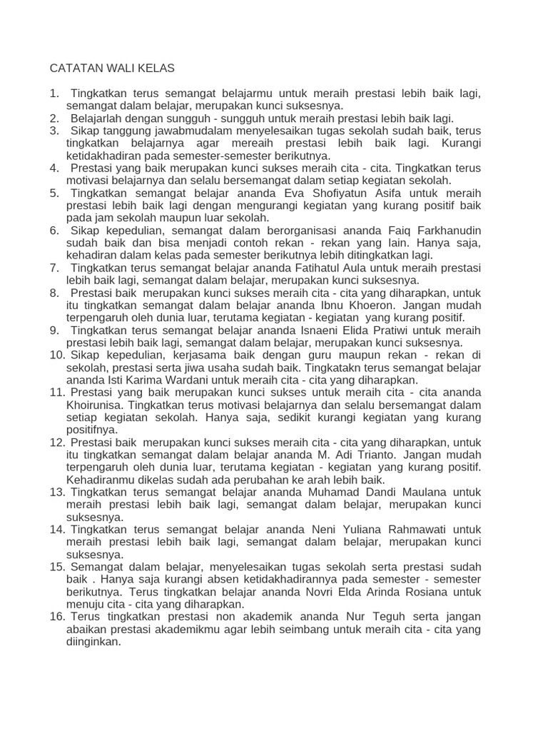 CATATAN WALI KELAS | PDF