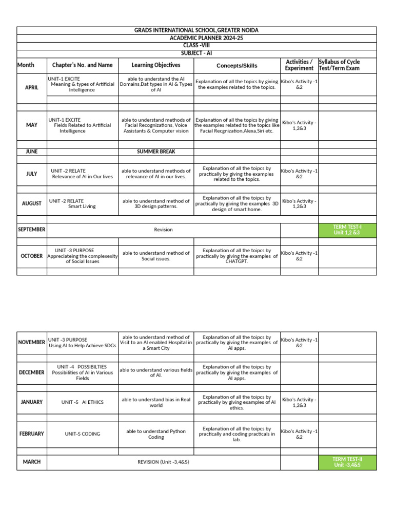 Grade - 8 Academic Planner 2024 (AI) | PDF | Artificial Intelligence ...