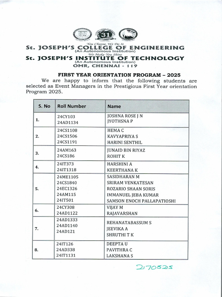 Event Managers - First Year Orientation Program 2025 | PDF