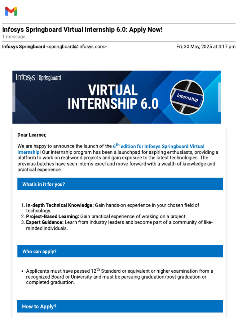 Infosys Springboard Virtual Internship 6.0 - Apply Now! | PDF
