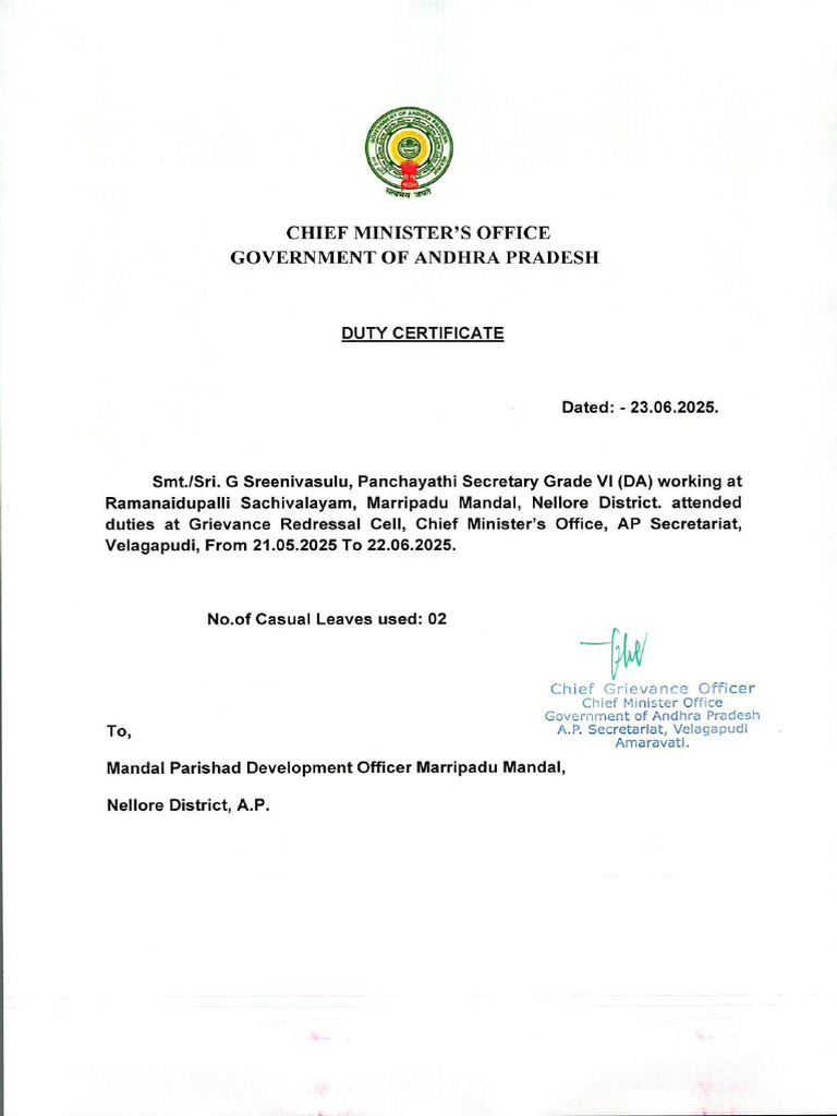Duty Certificate - G Sreenivasulu | PDF