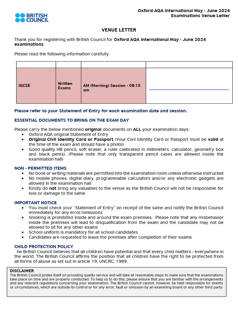 AQA May-June 2024 Venue Letter - IUK 3 | PDF