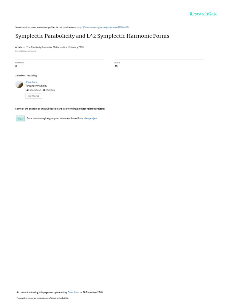 Symplectic Parabolicity and L2 Symplectic Harmonic | PDF | Topological Spaces | Mathematical ...